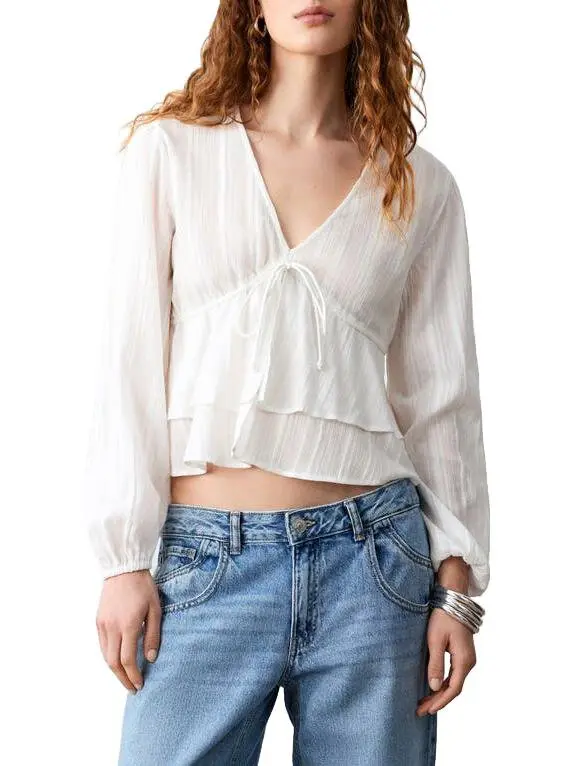 Mango Long Sleeve Ruffle Tiered V-neck Top - Off White