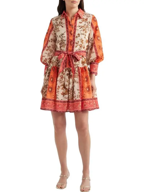 Kobi Halperin Bailey Printed Tie Waist Shirtdress - Bright Coral Multi