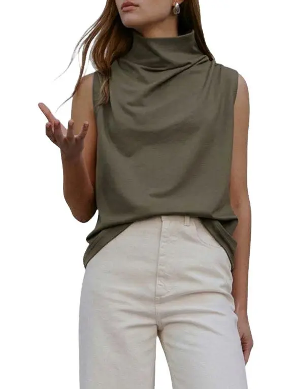 MARCELLA Finch French Terry Funnel Neck Sleeveless Top - Olive