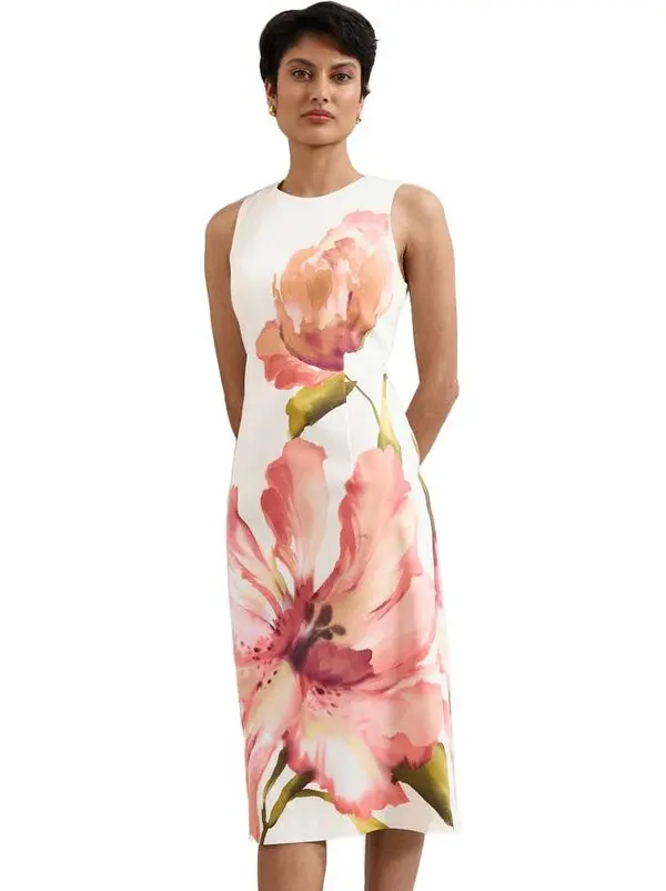 PHASE EIGHT Nadina Floral Print Sleeveless Midi Dress - Cream