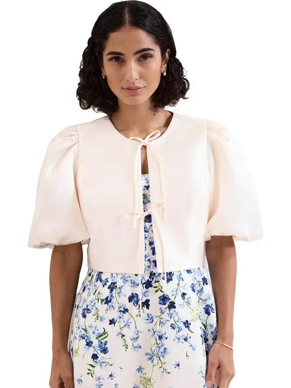 PHASE EIGHT Cropped Puff-sleeve Jacket With Tie Detail - Cream