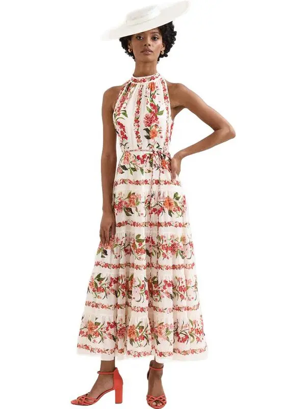 PHASE EIGHT Nita Halter Neck Floral Tiered Midi Dress - Cream