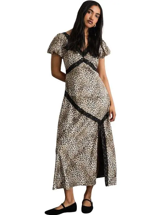 WAREHOUSE Printed Puff Sleeve Midi Dress With Lace Trim - Animal