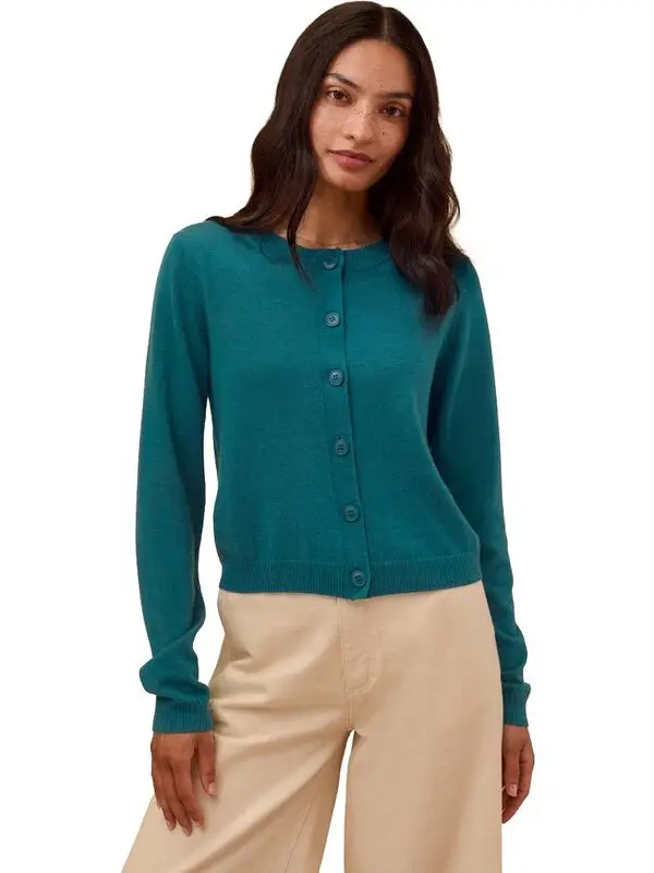 CELTIC & CO. Fine Knit Merino Crew Neck Cardigan - Teal