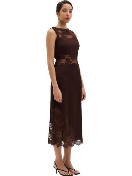 MALINA Desire Lace Trimmed Cut Out Midi Dress - Espresso