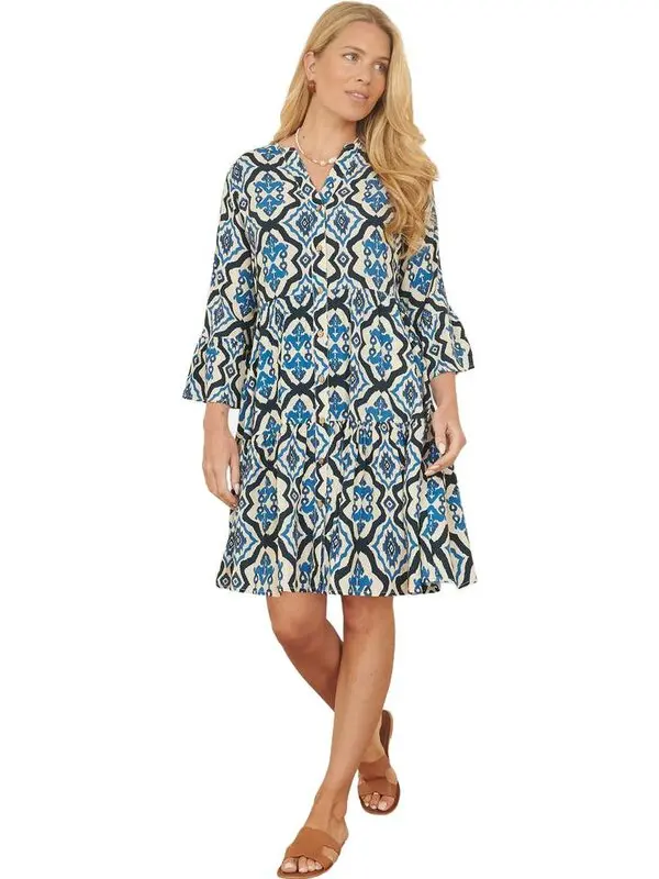 YUMI Ikat Print 3/4 Sleeve Tunic Dress - Blue