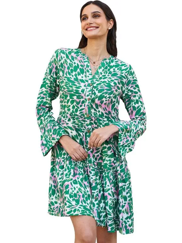 YUMI Ikat Print 3/4 Sleeve Tunic Dress - Green