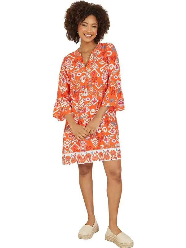 YUMI Flared Ikat Print 3/4 Sleeve Tunic Dress - Orange