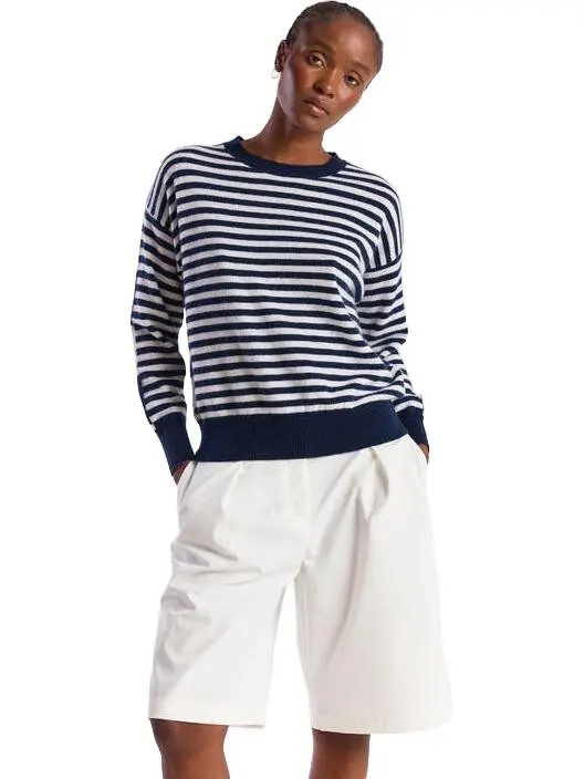 BRODIE CASHMERE Striped Crew Neck Sweater - Navy
