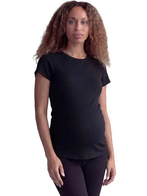 24SEVEN COMFORT APPAREL Maternity Ribbed Knit Round Neck Short Sleeve Top - Black