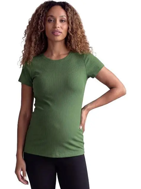 24SEVEN COMFORT APPAREL Maternity Ribbed Knit Round Neck Short Sleeve Top - Kiwi