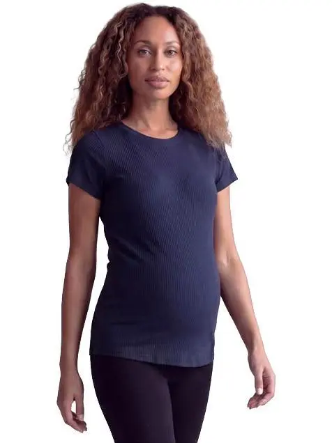24SEVEN COMFORT APPAREL Maternity Ribbed Knit Round Neck Short Sleeve Top - Navy