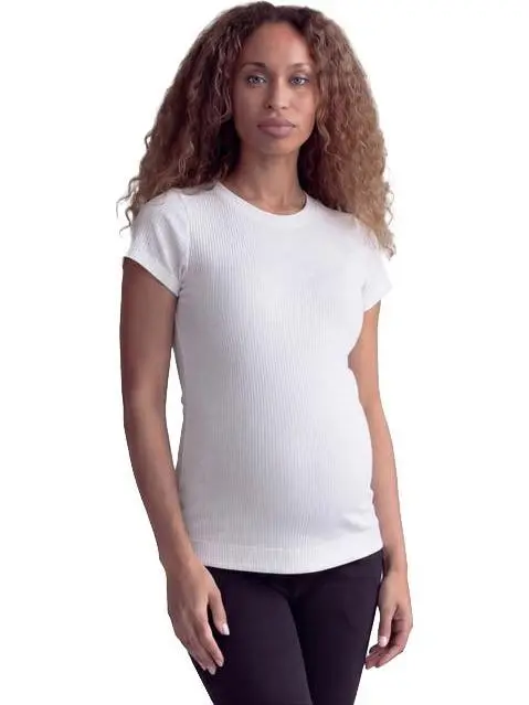 24SEVEN COMFORT APPAREL Maternity Ribbed Knit Round Neck Short Sleeve Top - White