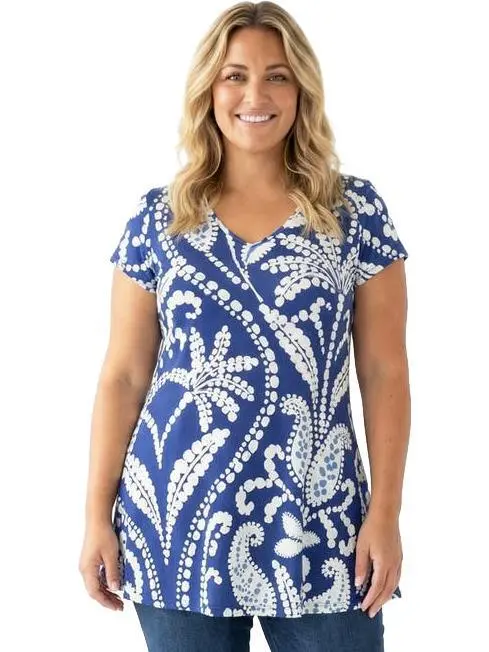 24SEVEN COMFORT APPAREL Paisley Print V-neck Short Sleeve Flared Tunic Top - Blue Multi