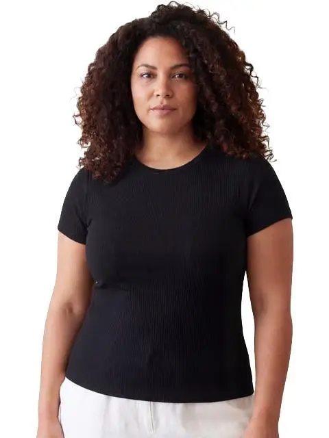 24SEVEN COMFORT APPAREL Ribbed Knit Round Neck Short Sleeve Top - Black