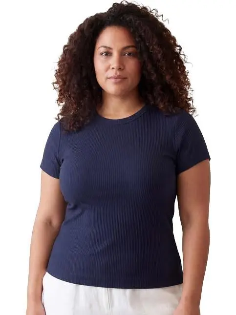24SEVEN COMFORT APPAREL Ribbed Knit Round Neck Short Sleeve Top - Navy