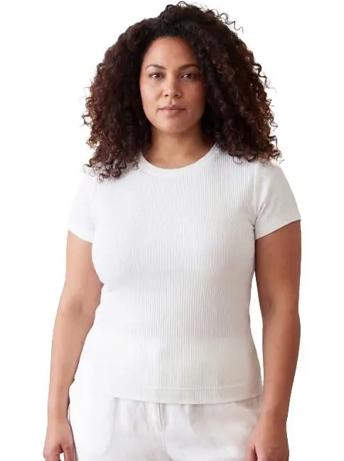 24SEVEN COMFORT APPAREL Ribbed Knit Round Neck Short Sleeve Top - White