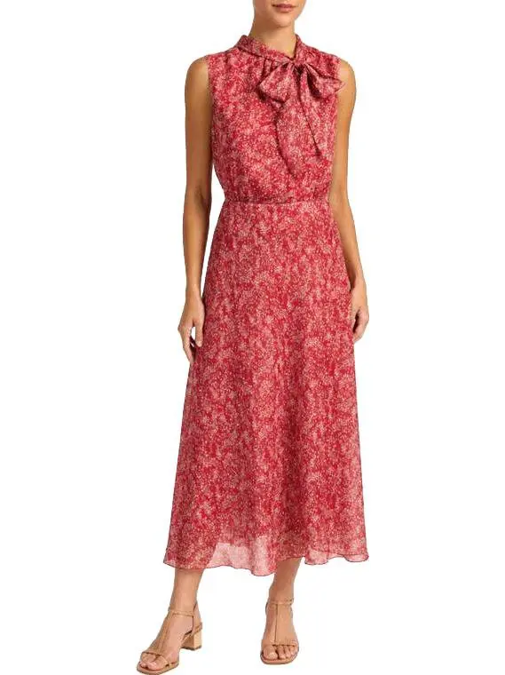 Santorelli Petra Sleeveless Mock Neck Midi Dress In Printed Georgette - Chili Pepper