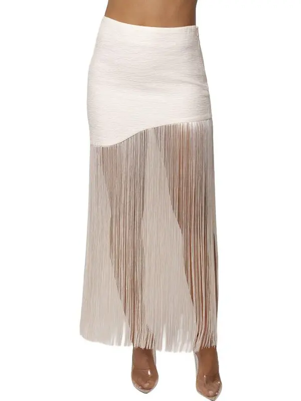 JLUXLABEL High Waist Fringe Maxi Skirt - Ivory