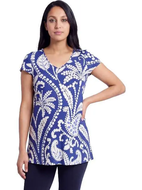 24SEVEN COMFORT APPAREL Maternity Basic Paisley Print V-neck Short Sleeve Flared Tunic Top - Blue Multi