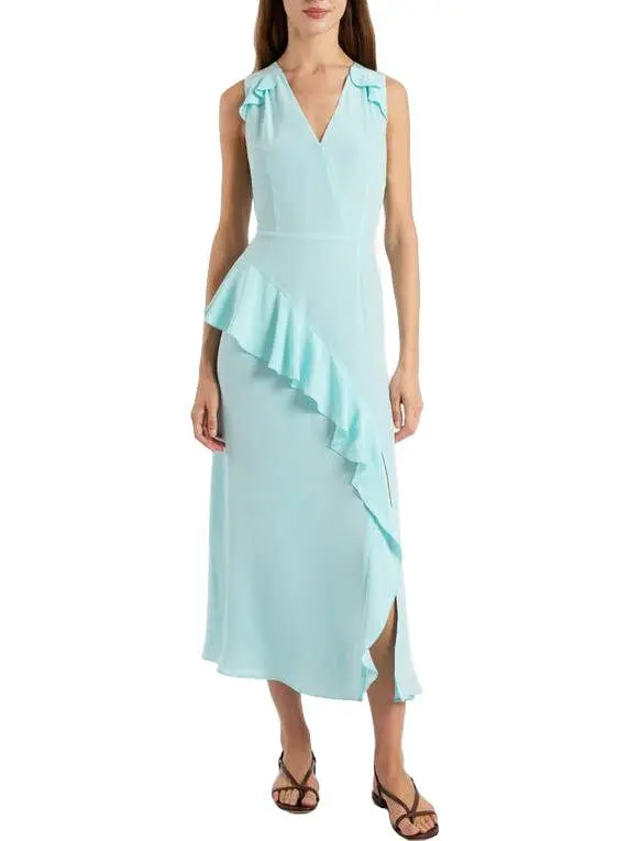 Santorelli Cona Silk Midi Dress With Ruffle Panel - Sky Blue