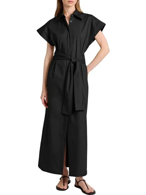 Santorelli Nisa Cap Sleeve Cotton Stretch Maxi Shirt Dress - Black