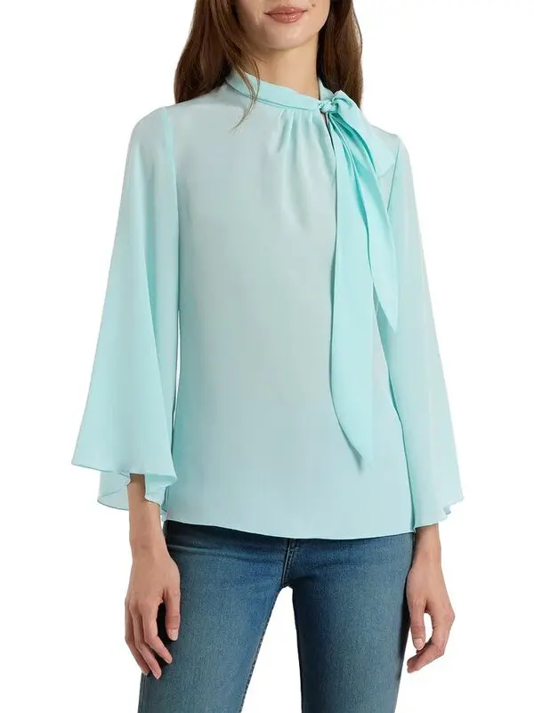 Santorelli Lena Tie Neck Blouse In Silk Crepe De Chine - Sky Blue