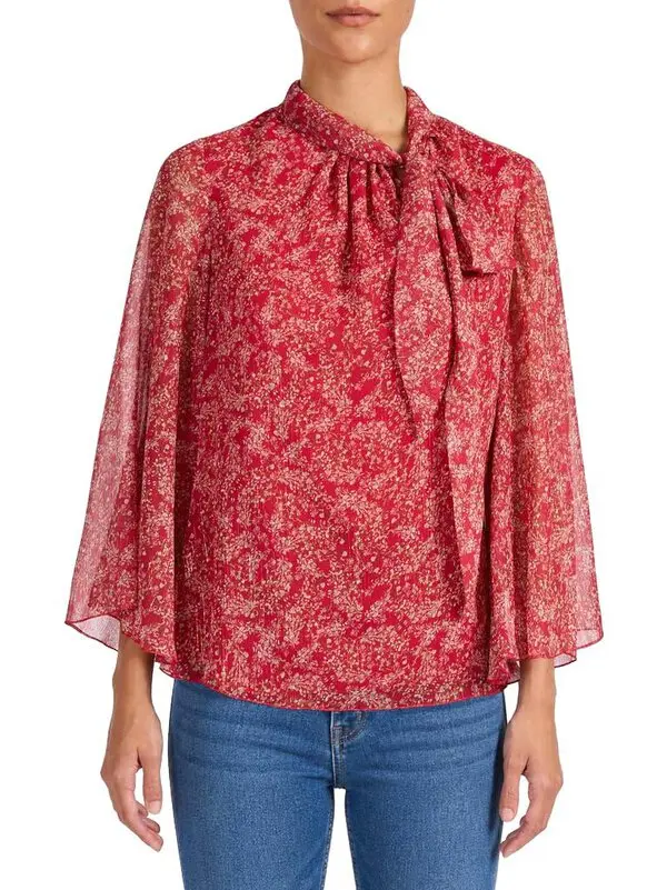 Santorelli Lena Printed Georgette Tie Neck Blouse - Chili Pepper