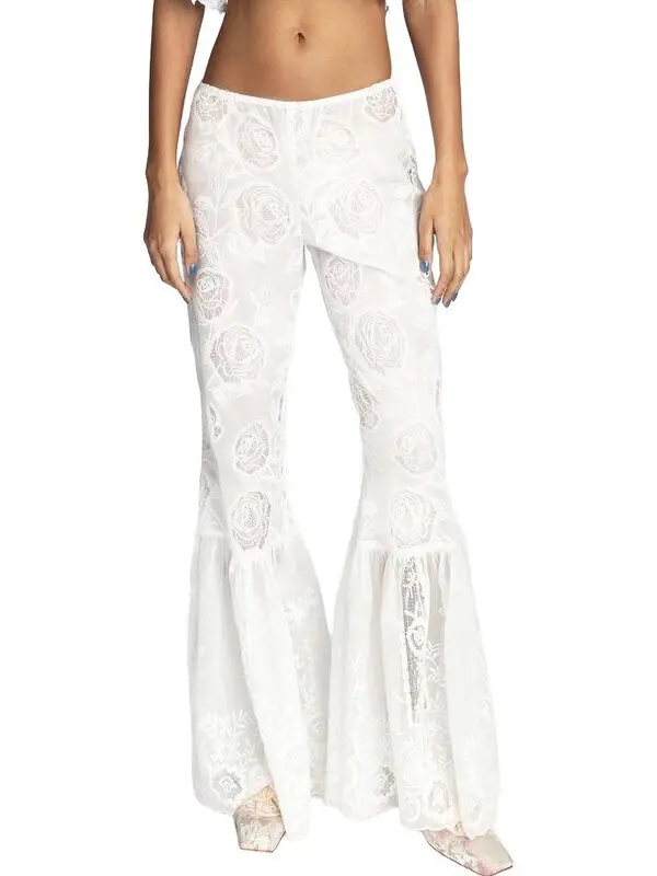 Anna Sui Cottage Rose Lace Bell-bottom Pants - White