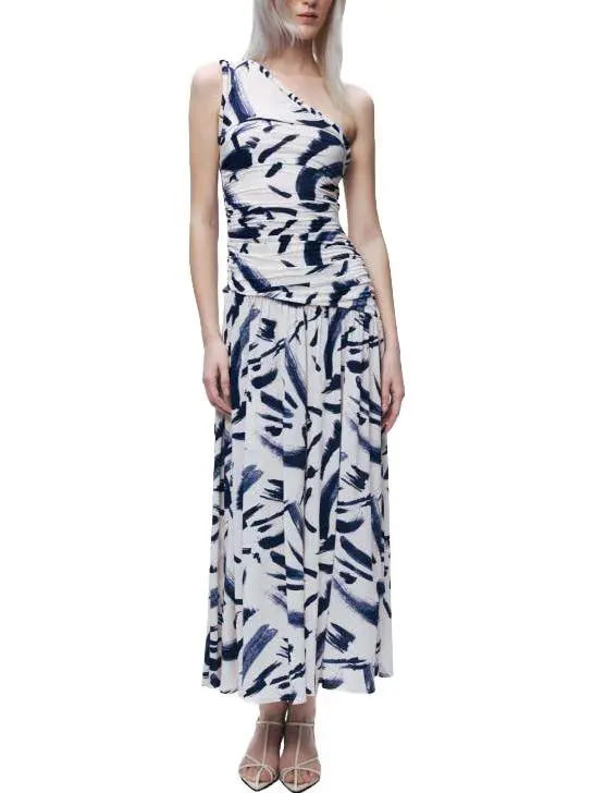 NOCTURNE Printed One-shoulder Draped Midi Dress - Multi-colored