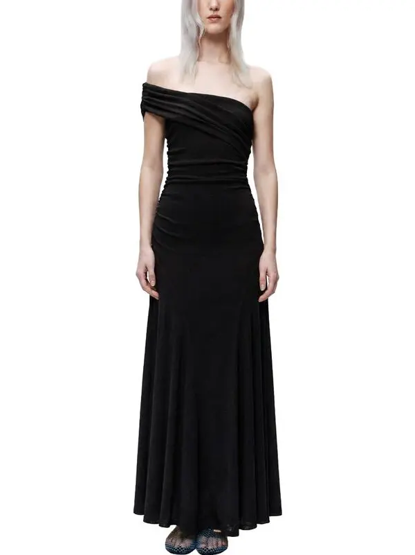 NOCTURNE Asymmetric Off Shoulder Ruched Maxi Dress - Black