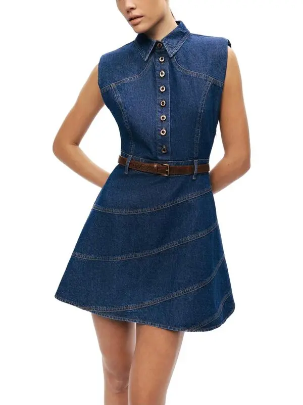 NOCTURNE Sleeveless Belted Denim Mini Dress - Navy