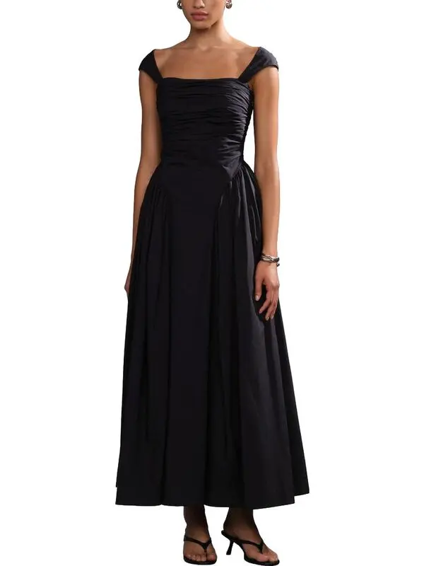 AMUR Galilea Ruched Sweetheart Neck Cap Sleeve Ankle-length Dress - Black