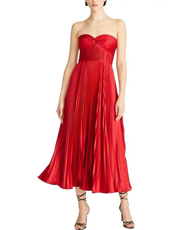 AMUR Sweetheart Neck Sleeveless Pleated Tea-length A-line Dress - Cranberry Red