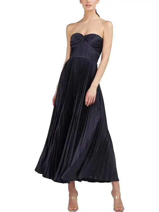 AMUR Sweetheart Neck Sleeveless Pleated Tea-length A-line Dress - Navy