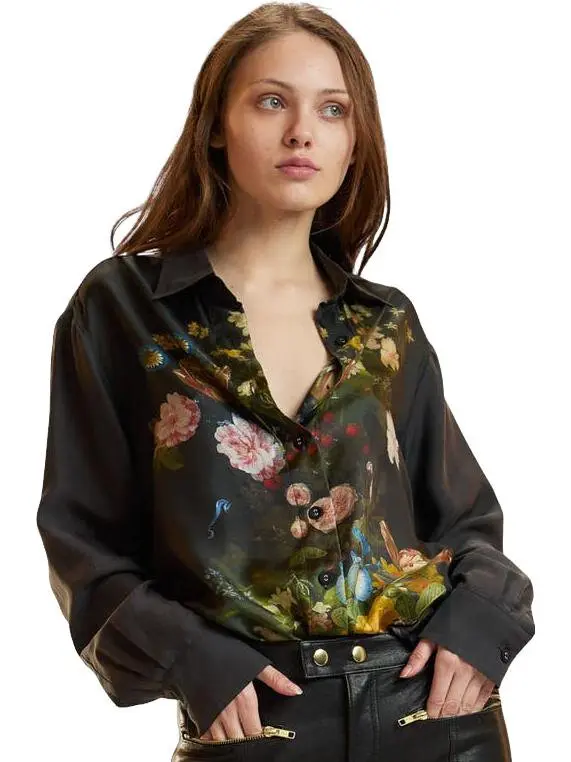 Cynthia Rowley Collectible Silk Floral Blouse - Black