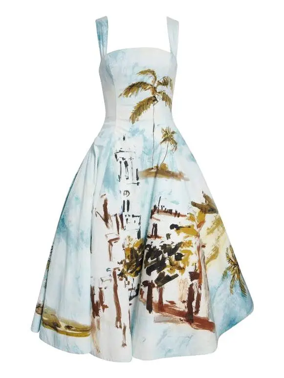 Oscar De La Renta Dominican Landscape Stretch Poplin Sundress - Blue Green Mult