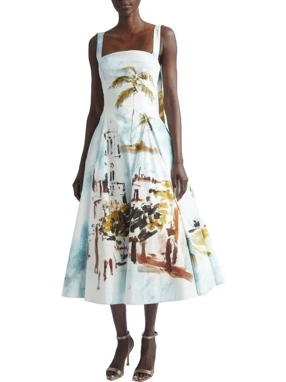 Oscar De La Renta Dominican Landscape Stretch Poplin Sundress - Blue Green Mult