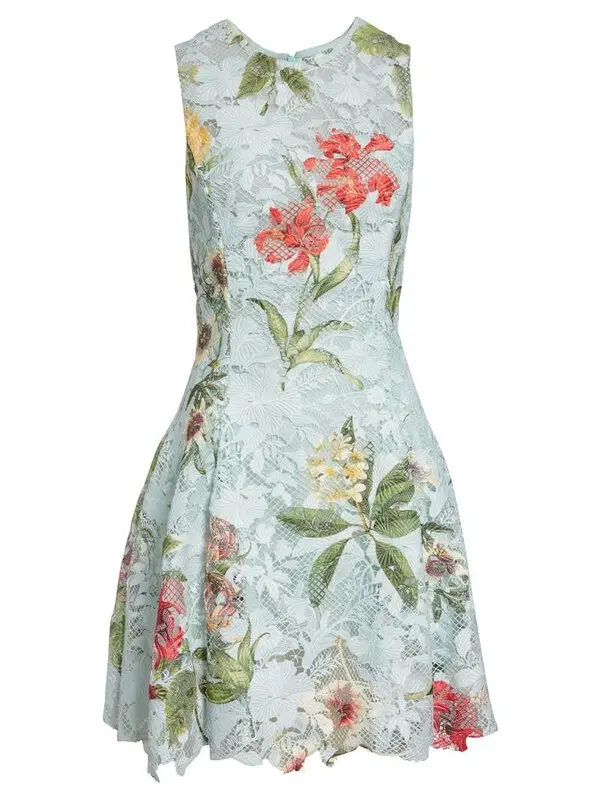 Oscar De La Renta Floral Print Guipure Lace Dress - Saltwater Multi