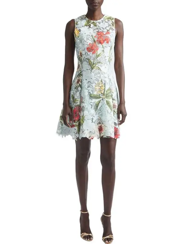 Oscar De La Renta Floral Print Guipure Lace Dress - Saltwater Multi