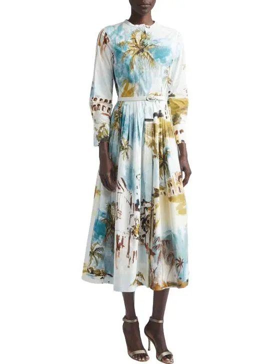 Oscar De La Renta Dominican Landscape Stretch Poplin Shirtdress - Blue Green Mult