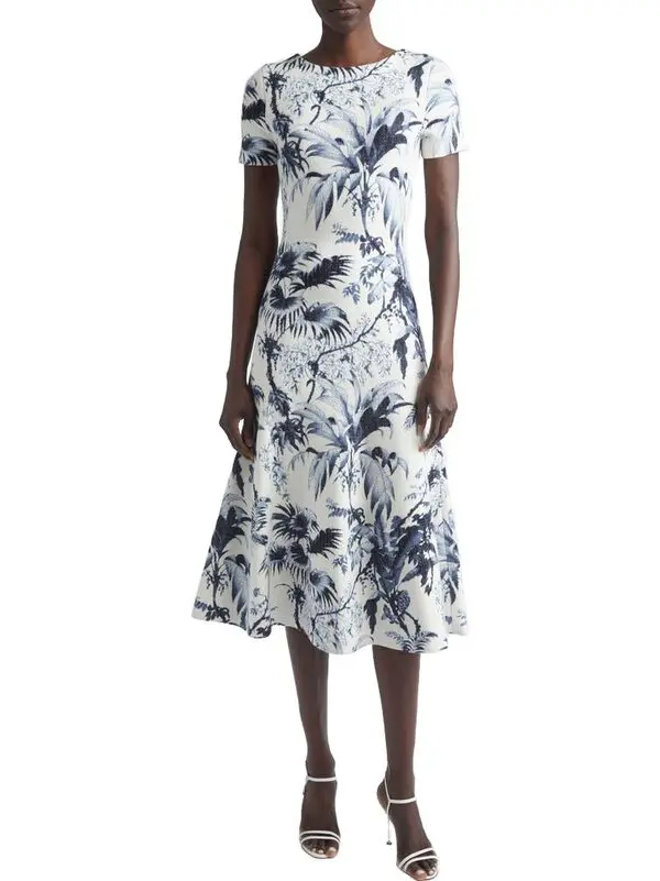Oscar De La Renta Tonal Tropical Knit Midi Dress - Navy/ivory