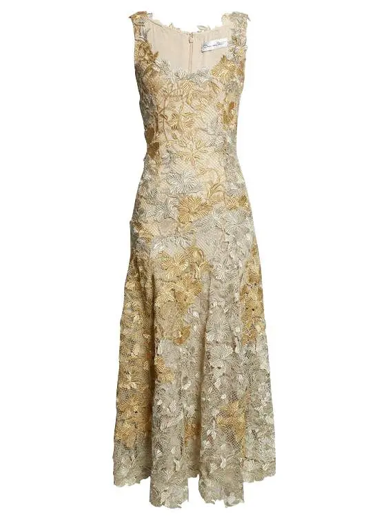 Oscar De La Renta Hibiscus Metallic Guipure Lace Midi Dress - Gold/white Gold