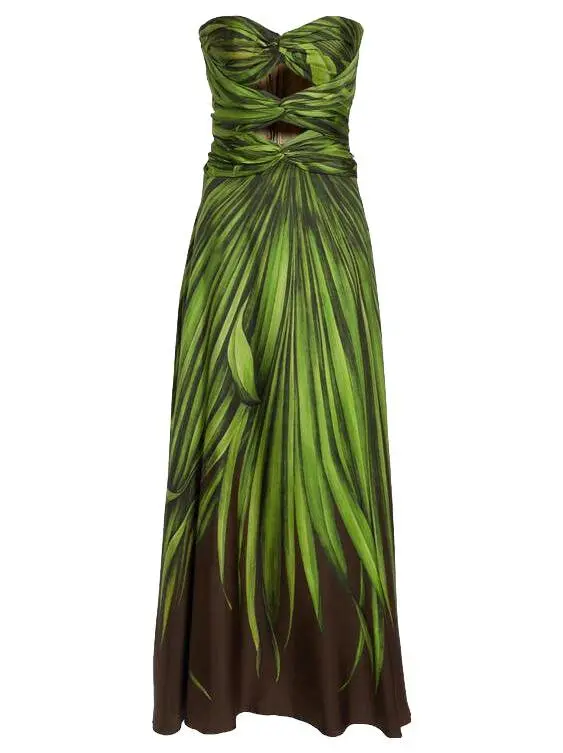 Oscar De La Renta Strapless Palm Leaves Print Silk Gown - Green/brown