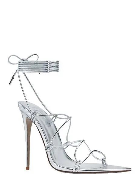 Femme La Sin Ankle Wrap Pointed Toe Stiletto Sandals - Silver