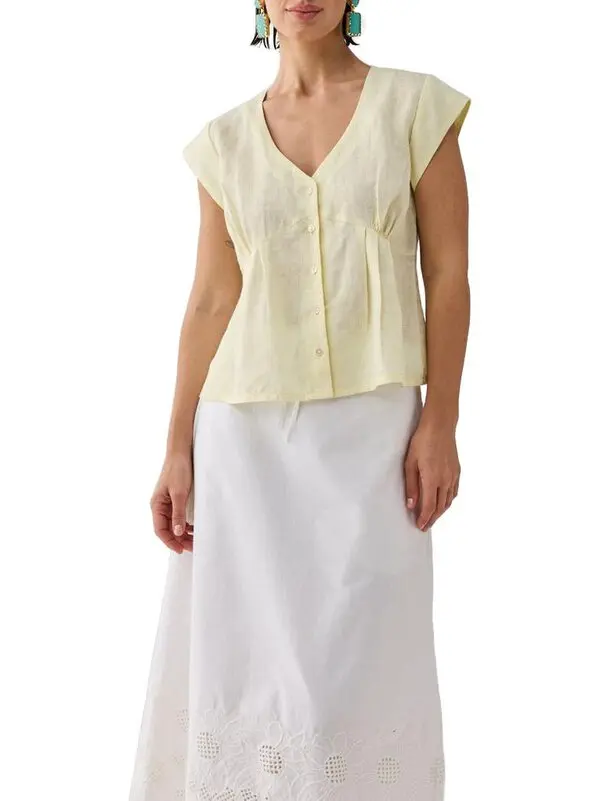 REISTOR Embroidered Deep V-neck Linen Top With Cap Sleeves - Butter Lemon