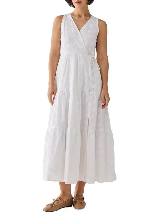 REISTOR Embroidered Tiered Wrap Maxi Dress - Embroidered Cotton White
