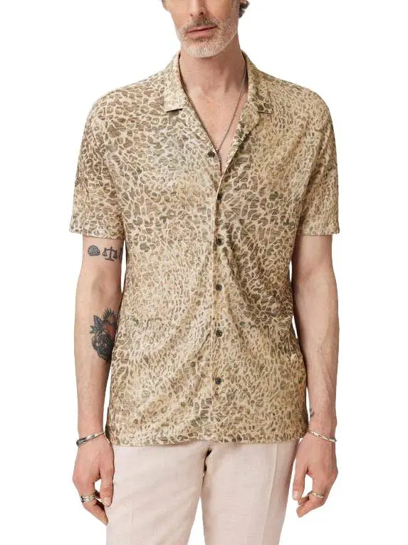 John Varvatos Castoro Leopard Pattern Knit Camp Shirt - Light Khaki