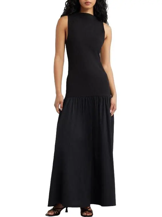 Topshop Drop Waist Mixed Media Maxi Dress - Black