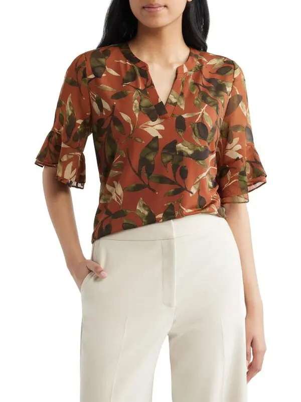 Anne Klein Leaf Print Ruffle Sleeve Shirt - Cedar Spc Mlt